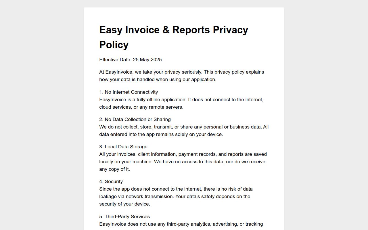 Easy Invoice & Reports Privacy Policy